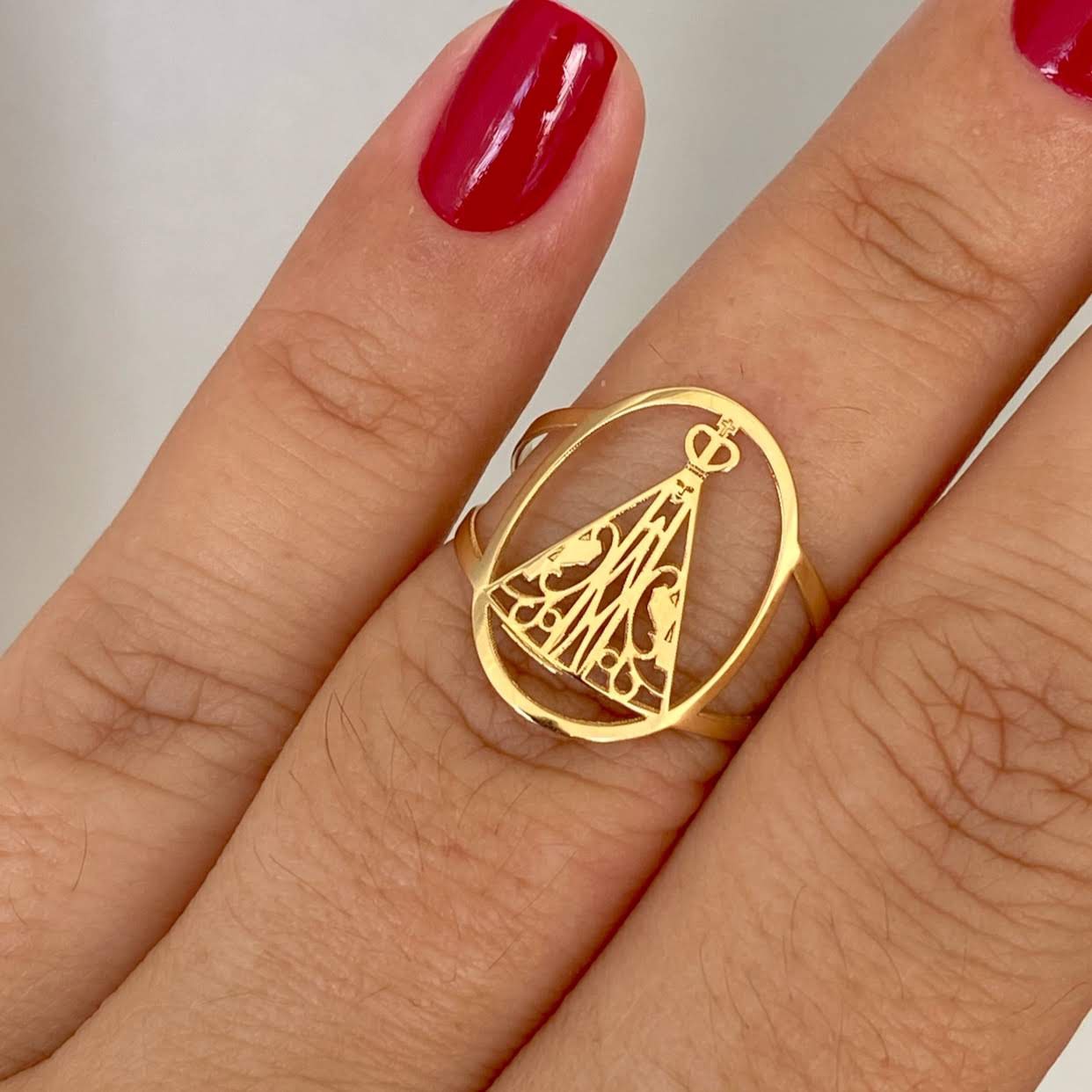 Anel De Ouro 18k Nossa Senhora Aparecida Vazado Oval Micheletti Joias