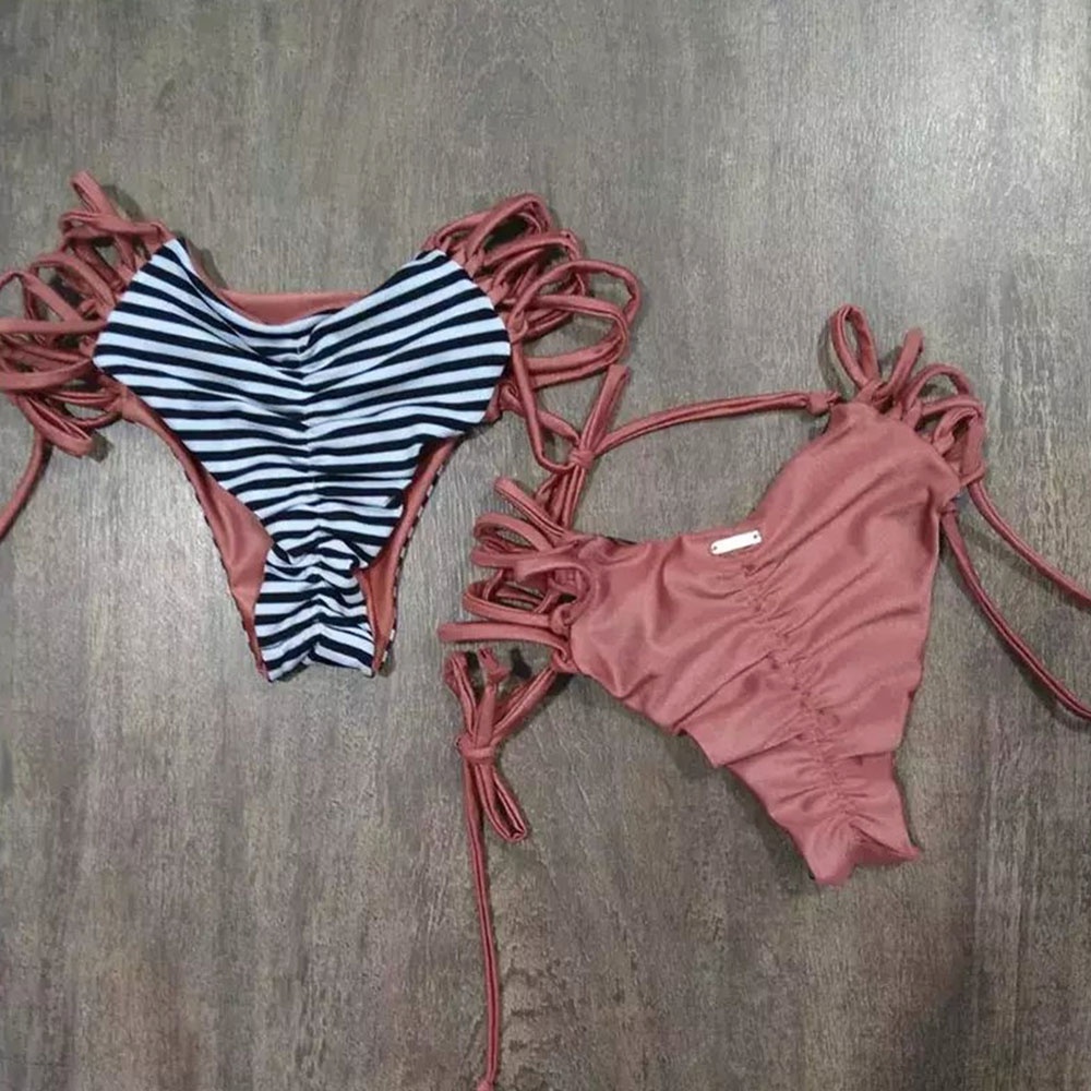 Calcinha De Biquíni Levanta Bumbum Tiras Lateral Areia Listrado Via
