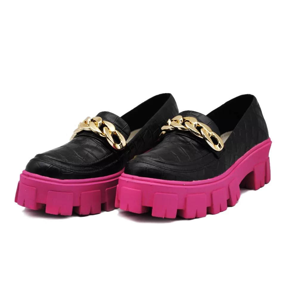 Sapato Feminino Oxford Tratorado 190253 Croco Preto e Solado Pink ...