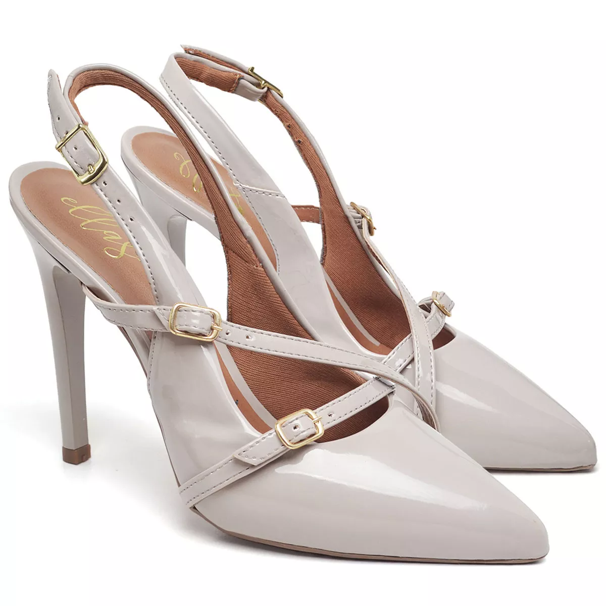 7971 Scarpin Salto Alto Bico Folha Verniz Aveia | ELLA´S ONLINE ...