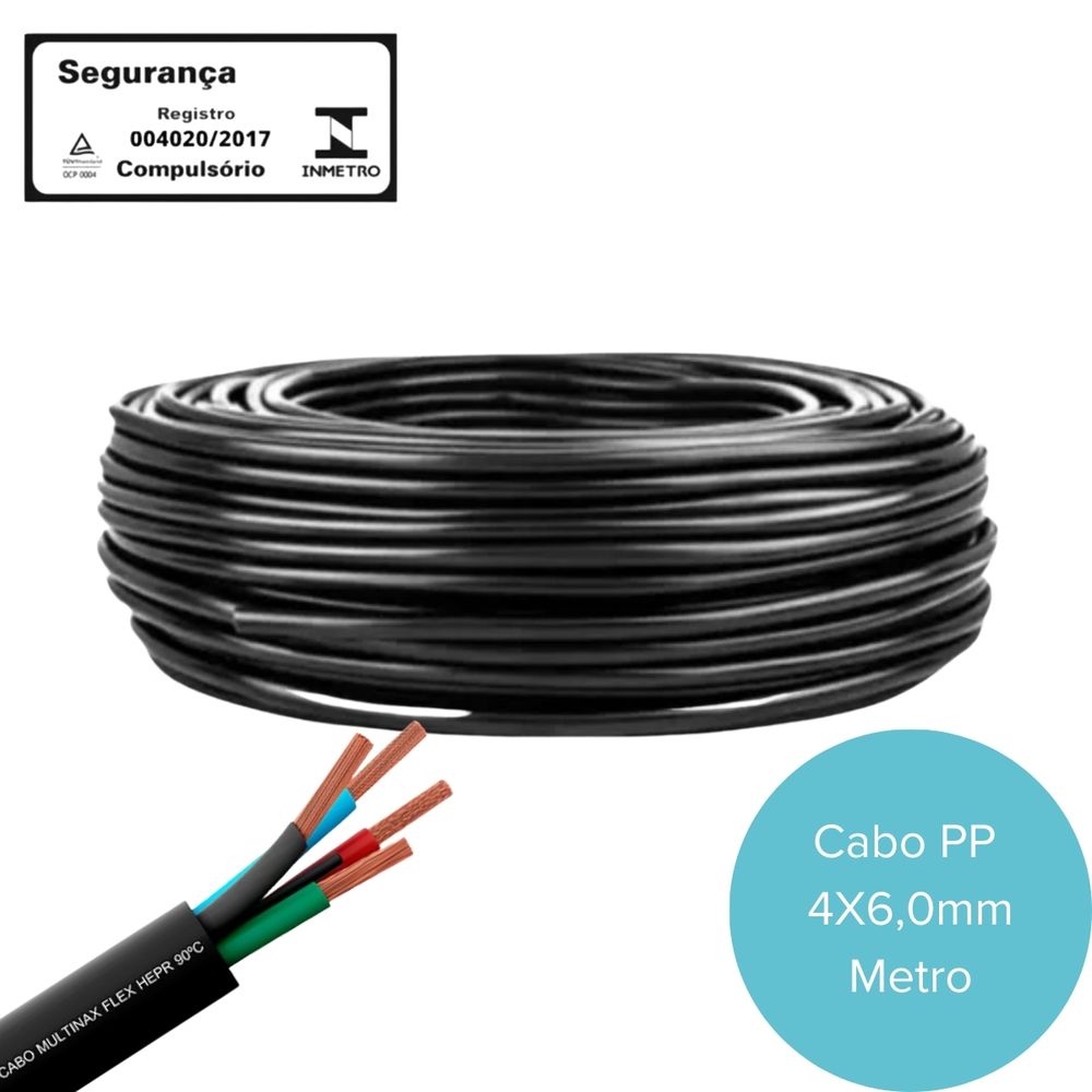 Cabo Fio Flexível PP 4x6,0mm Preto por Metro | Broketto Materiais Elétricos