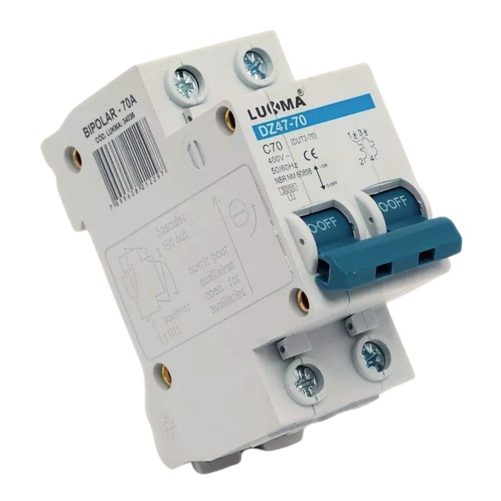 Disjuntor Bipolar Din Curva C 70A Lukma | Broketto Materiais Elétricos