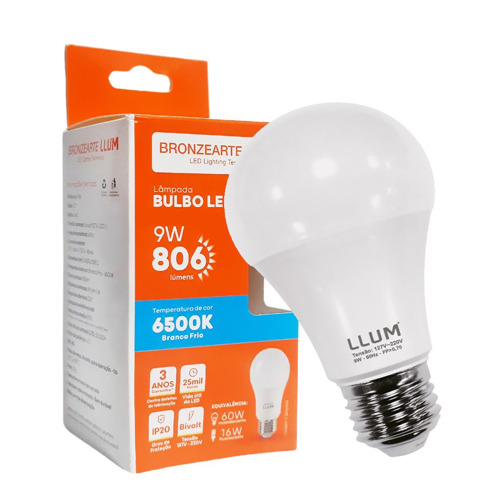 Lâmpada Led Bulbo 9W 6500K E-27 Bivolt Luz Branca | Broketto Materiais Elétricos