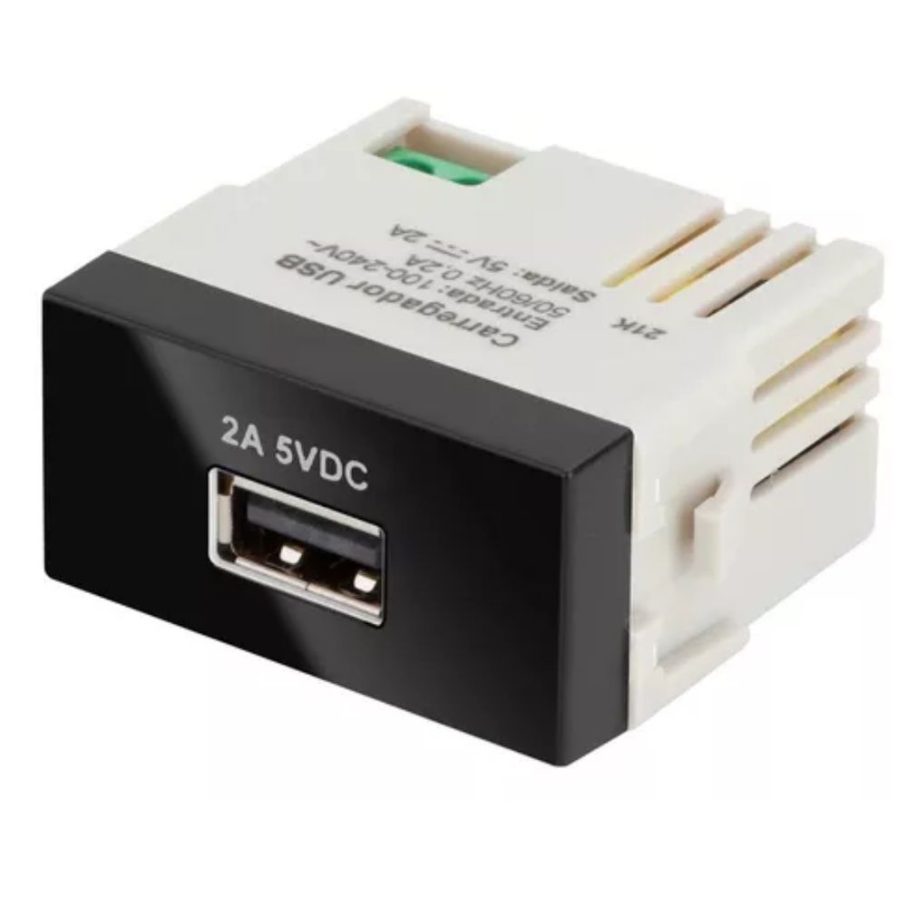 Tomada Carregador USB 2A Preto Brilhante Sleek Margirius | Broketto Materiais Elétricos