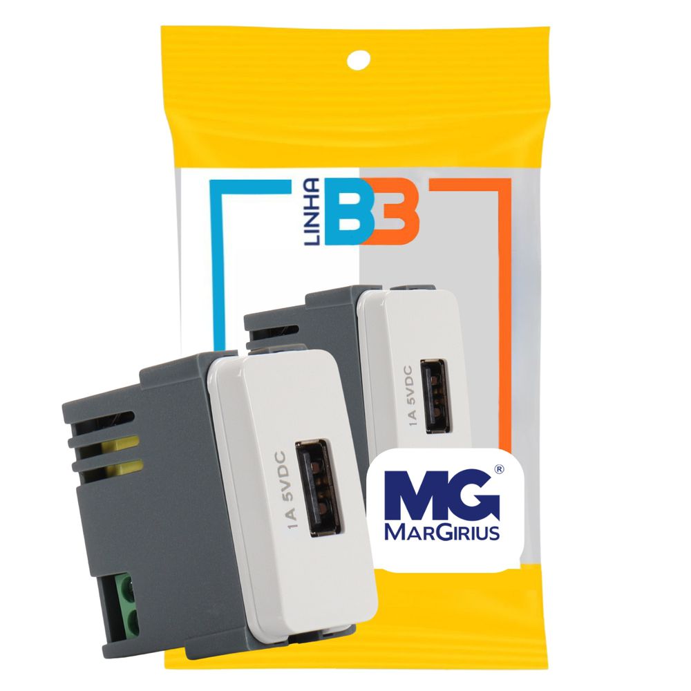 Módulo Tomada Carregador USB 1A Branco B3 Margirius | Broketto Materiais Elétricos