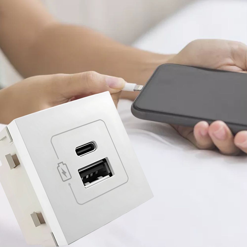 Módulo Tomada Duplo USB-C + USB-A 2A Bivolt Branco Sleek Margirius ...