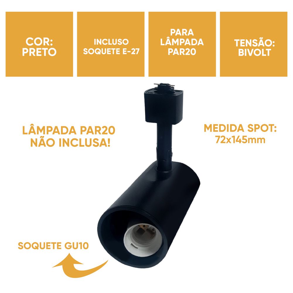 Spot Pipe Trilho Eletrificado PAR20 Preto | Broketto Materiais Elétricos