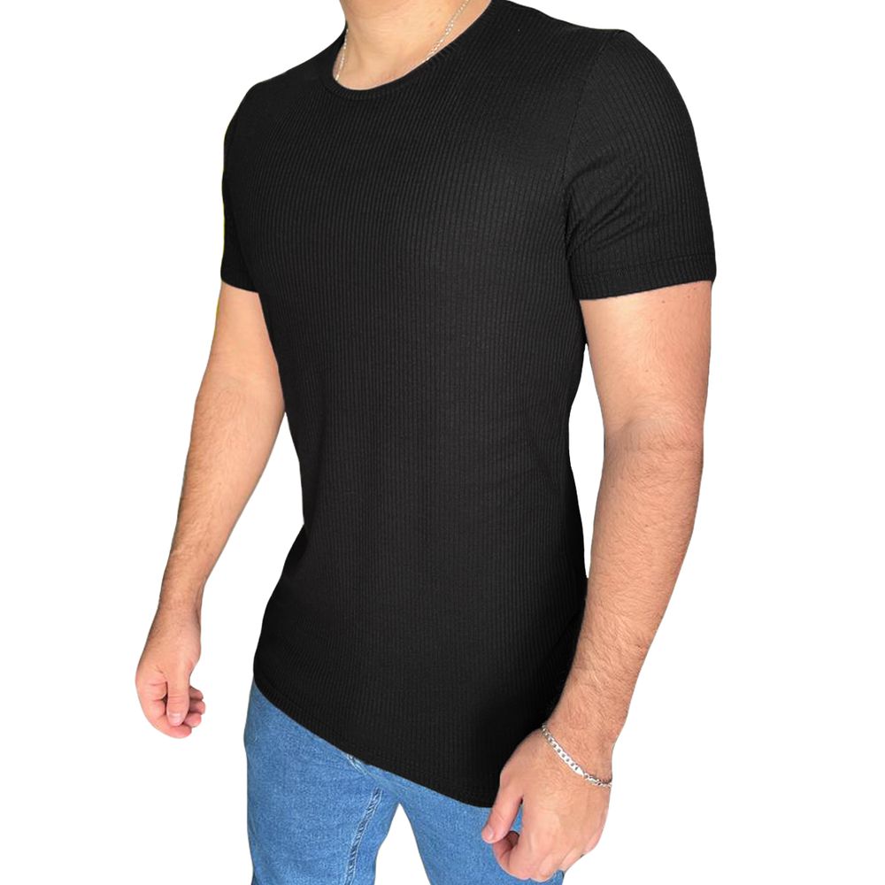 Camiseta Canelada Slim Manga Curta Masculina Preta Básica | CHIEREGATO OUTLET