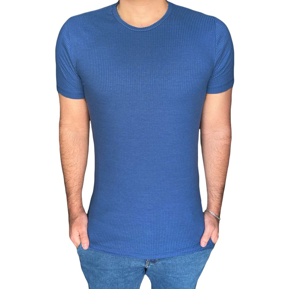 Camiseta Malha Canelada Slim Fit Manga Curta Masculina Azul ...