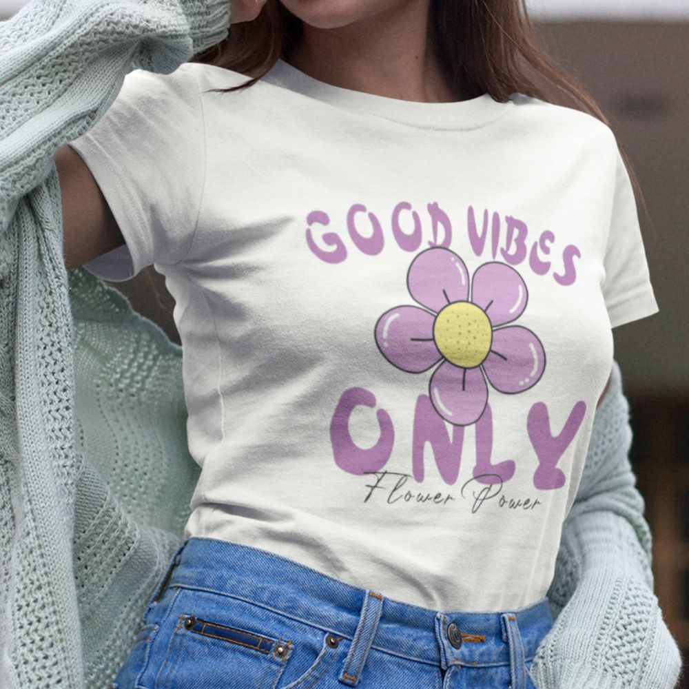 Camiseta Básica Feminina Good Vibes Only Flor 100% Algodão Premium - Branco | GuGi