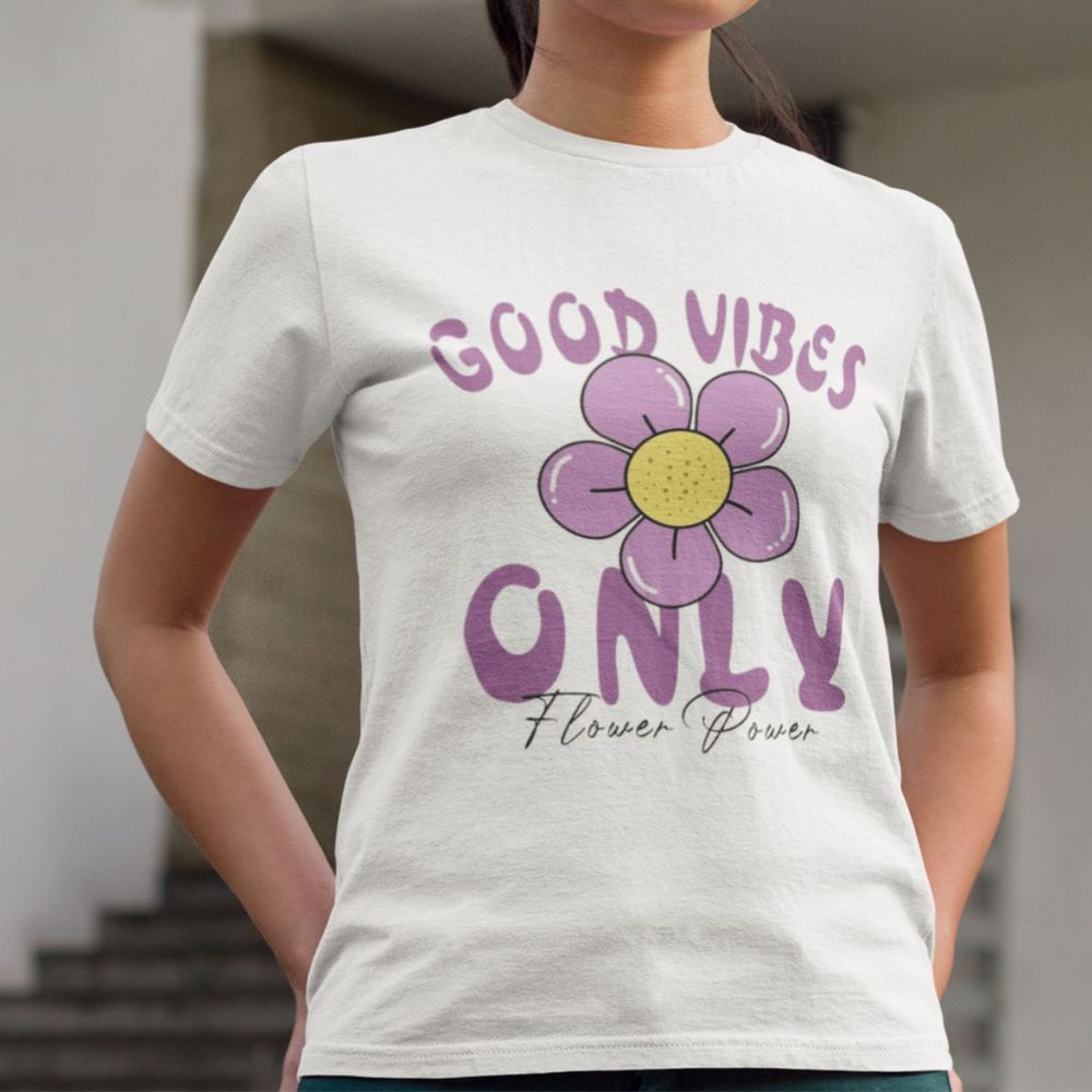 Camiseta Básica Feminina Good Vibes Only Flor 100% Algodão Premium - Branco | GuGi