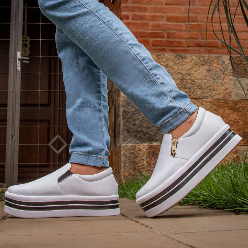 Slip On Feminino Branco Sola Alta Tênis Plataforma Com Zíper | GuGi