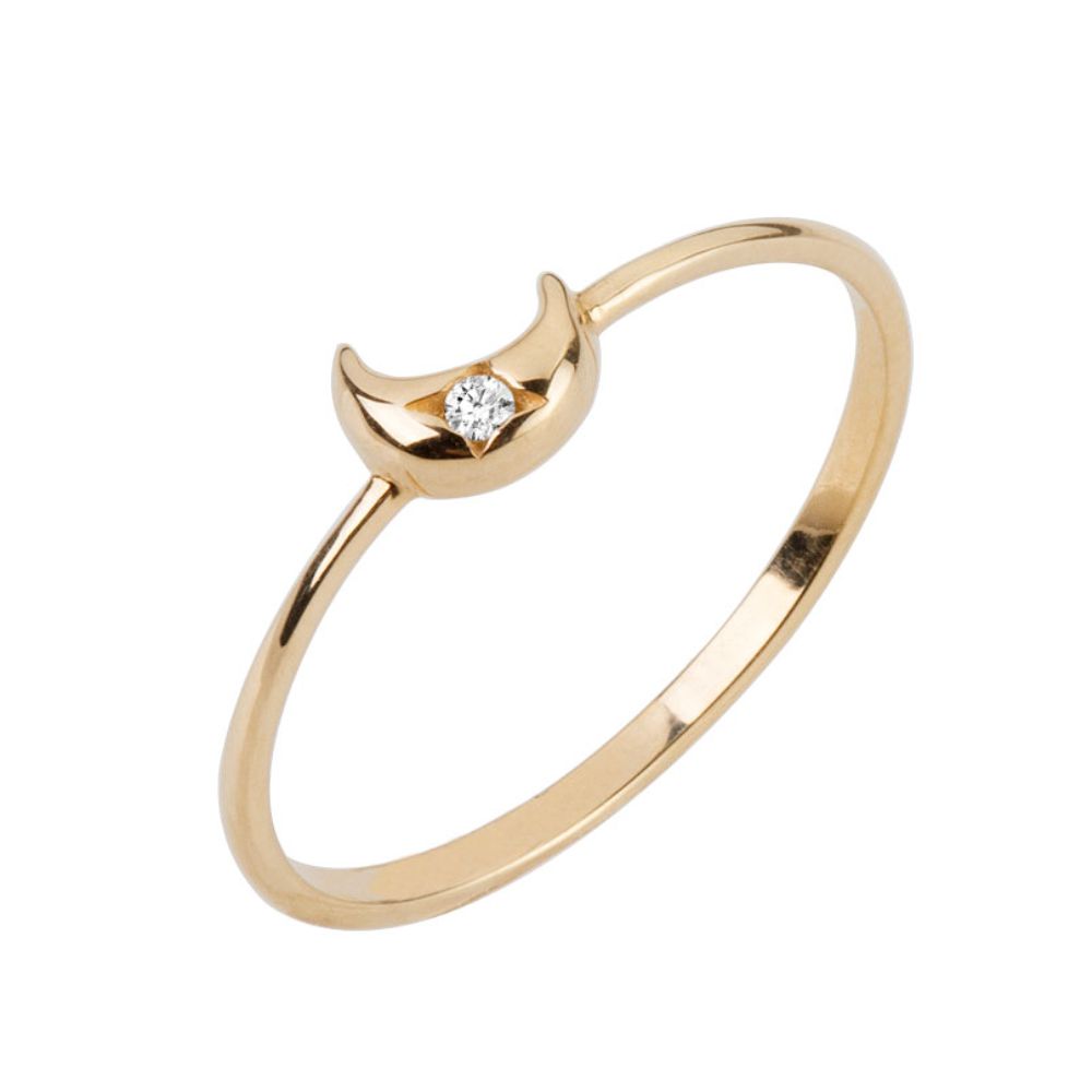 Anel Ouro 18K Delicado com Lua Pedra Safira Branca