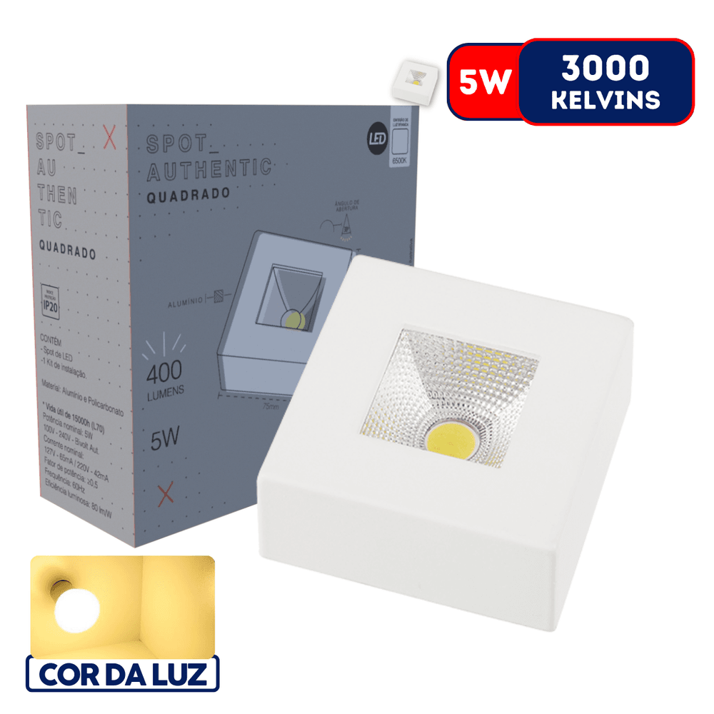 Spot LED 5W Sobrepor Quadrado M3000K Luz Amarela 3000K | RR PARAFUSOS