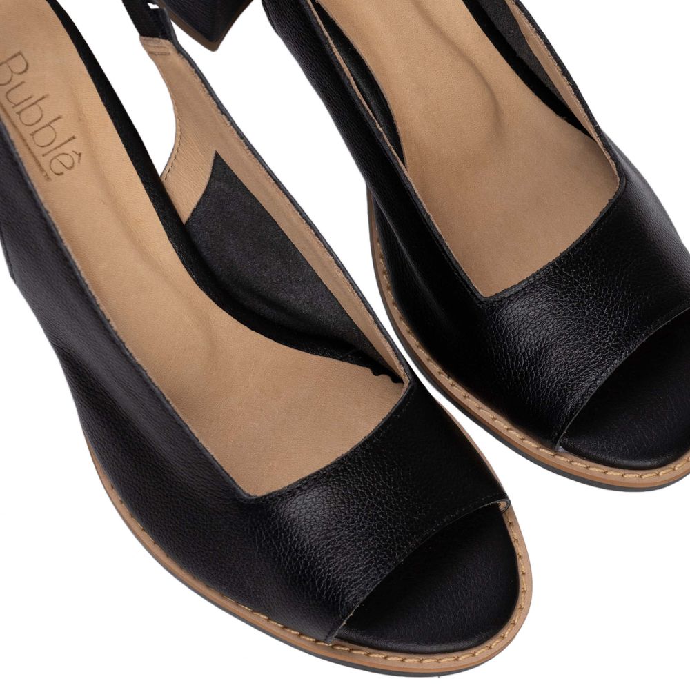 Sandália Peep Toe Couro Legítimo Preta | Bubblê