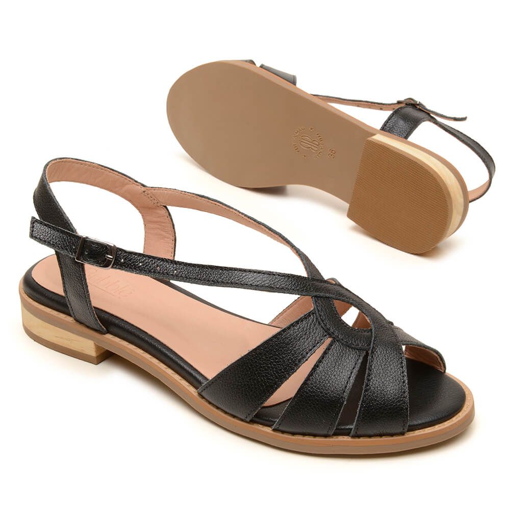 Sandália Rasteira Feminina Couro Legítimo Preta | Bubblê