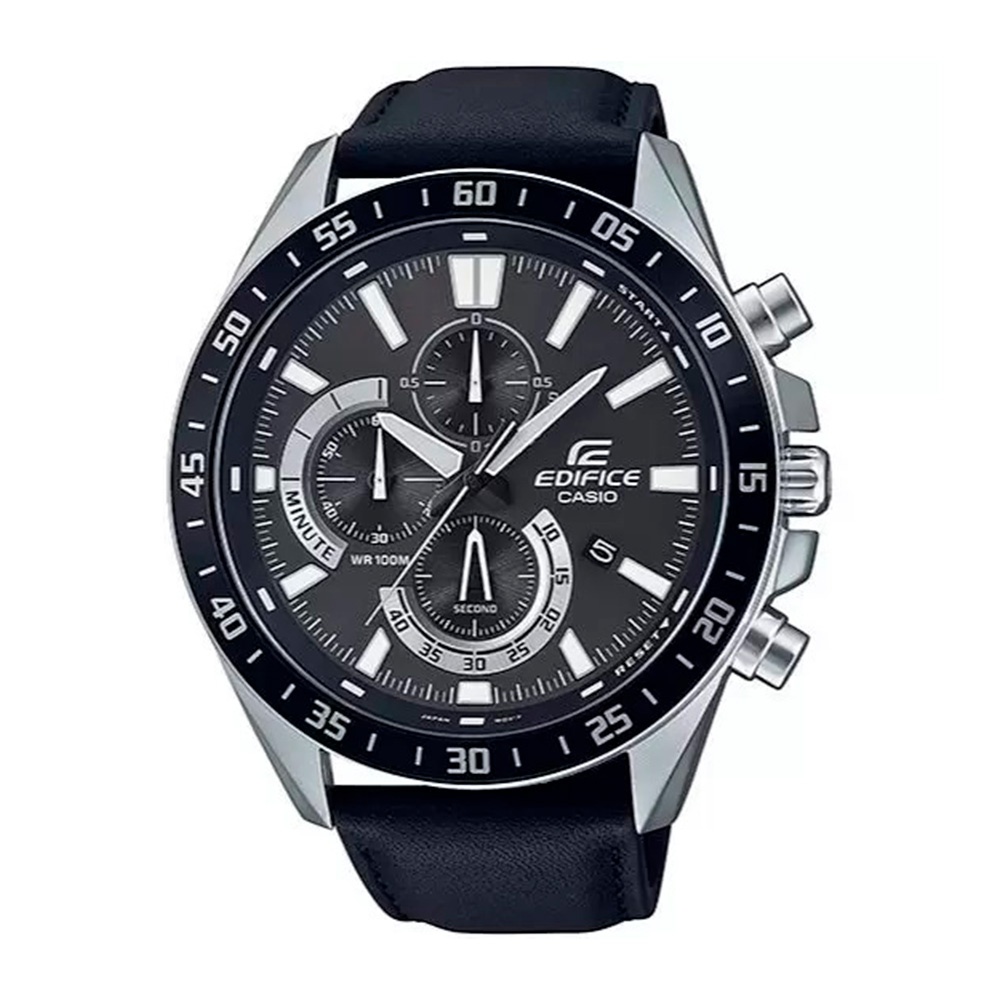 Relógio Casio Edifice Cronógrafo Preto e Prata Pulseira de Couro