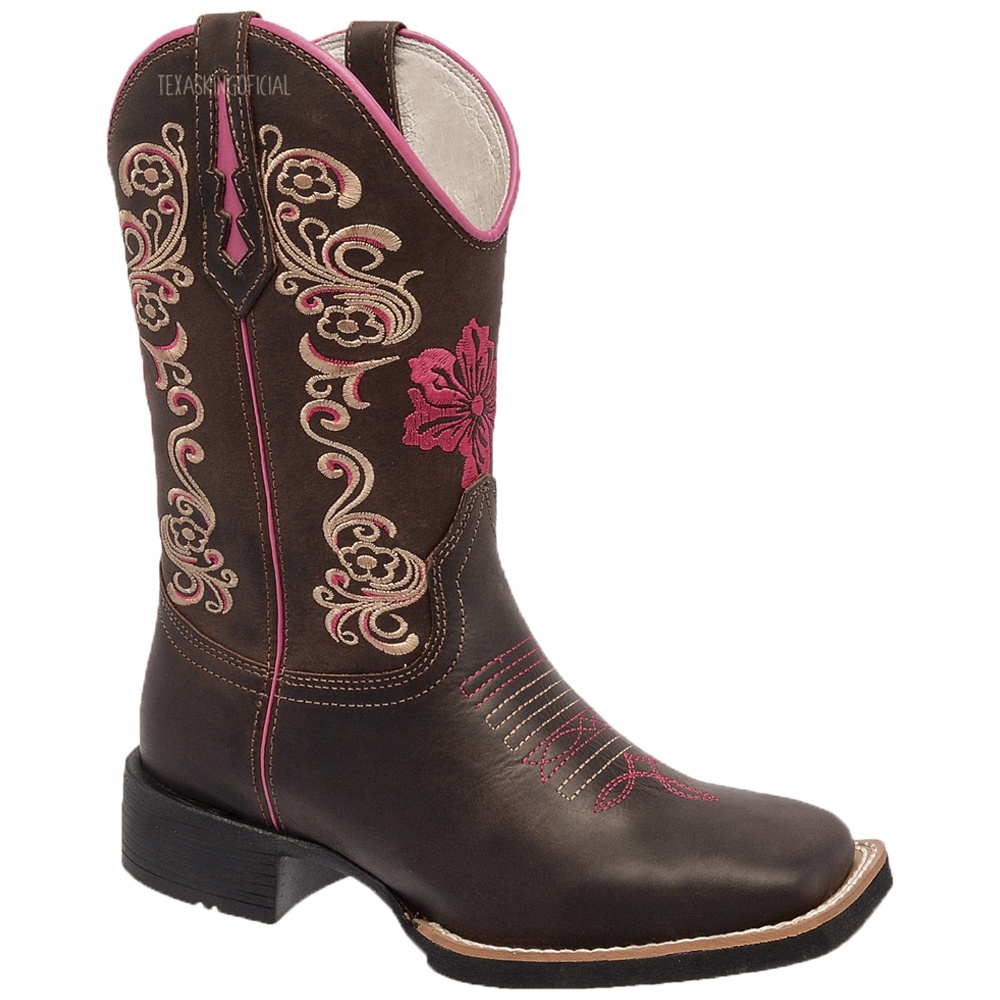 Bota Texana Feminina em Couro Flor Pink Bico Quadrado TexasKing | TEXASKING