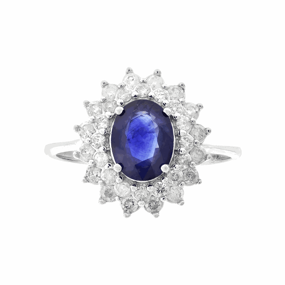 Anel Safira Azul Oval Com Brilhantes Ouro 18K