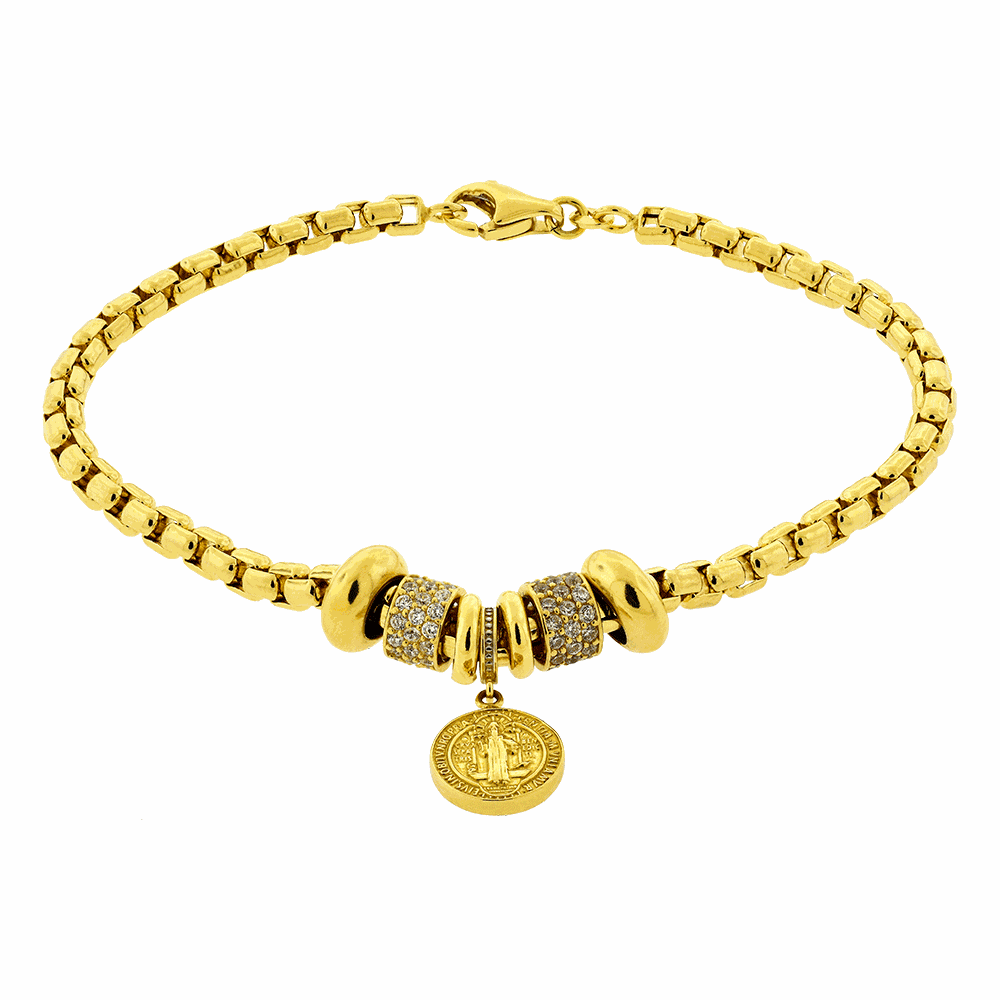 Pulseira de Ouro 18K Feminina com Medalha de São Bento