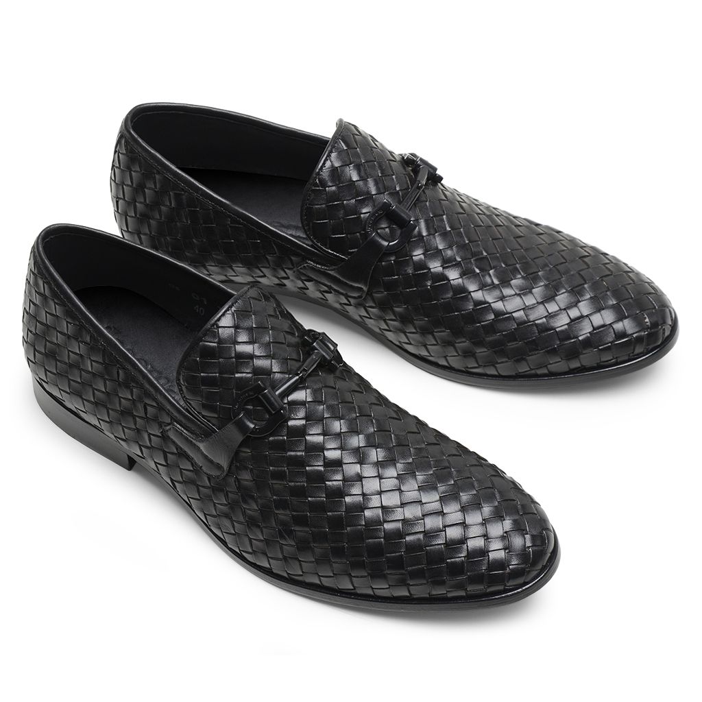 Mocassim Masculino Couro Tressê Preto Solado de Couro | JACOMETTI