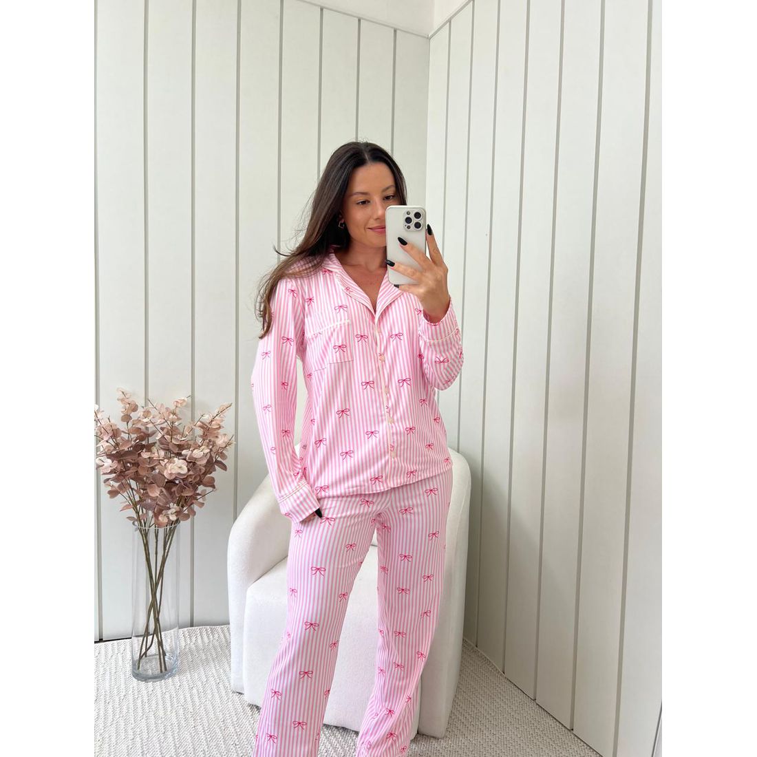 Pijama Feminino Americano Longo Laços Rosa | TUTTI AMI - Loja Oficial
