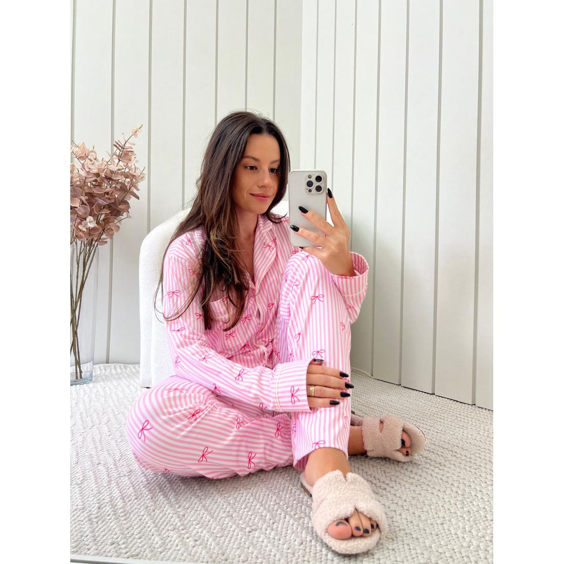 Pijama Feminino Americano Longo Laços Rosa | TUTTI AMI - Loja Oficial