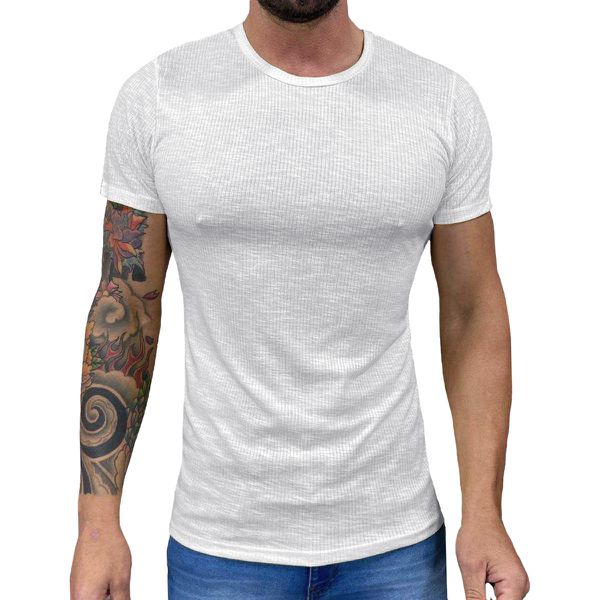 Camiseta Canelada Masculina Branca Lisa Manga Curta Slim Fit ...