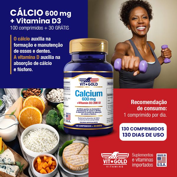 Calcio 600 mg com Vitamina D3 Vitgold 100 Cápsulas | Vitgold