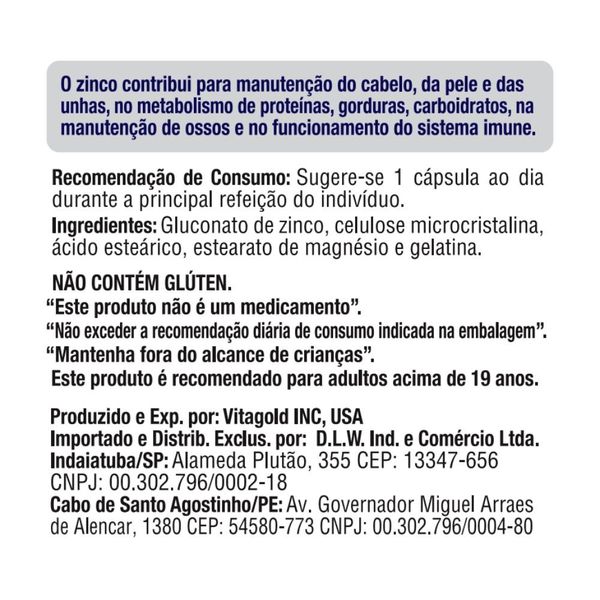 Zinco 25 mg Vitgold 100 cápsulas | Vitgold