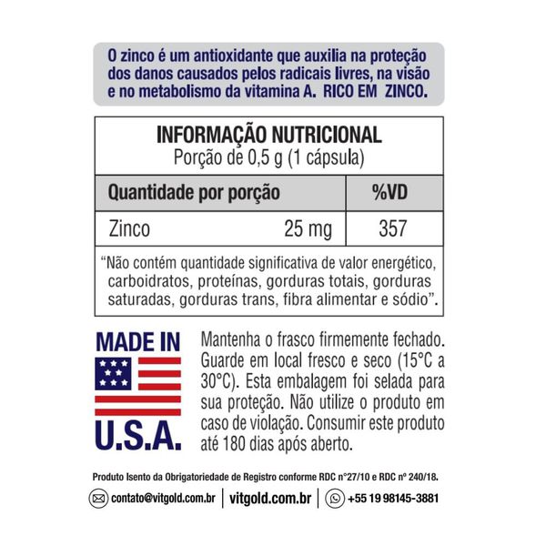 Zinco 25 mg Vitgold 100 cápsulas | Vitgold