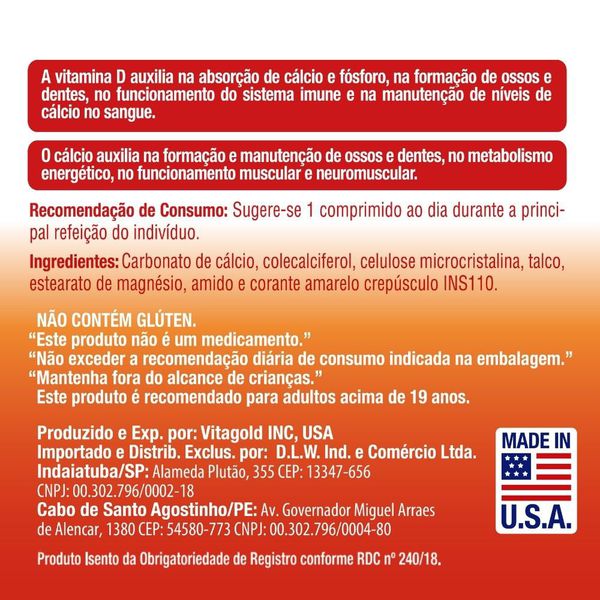 Calcitabs - Cálcio 600 mg + Vitamina D3 Vitgold com 90 comp. | Vitgold