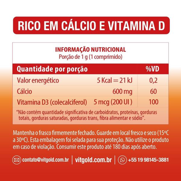 Calcitabs - Cálcio 600 mg + Vitamina D3 Vitgold com 90 comp. | Vitgold