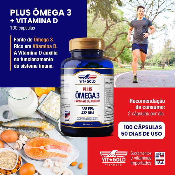 Omega 3 Plus com Vitamina D3 2000UI Vitgold 100 caps. | Vitgold
