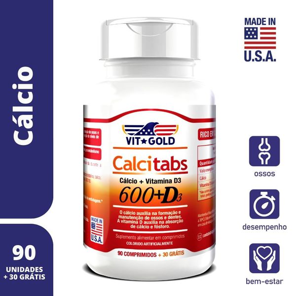 Calcitabs - Cálcio 600 mg + Vitamina D3 Vitgold com 90 comp. | Vitgold