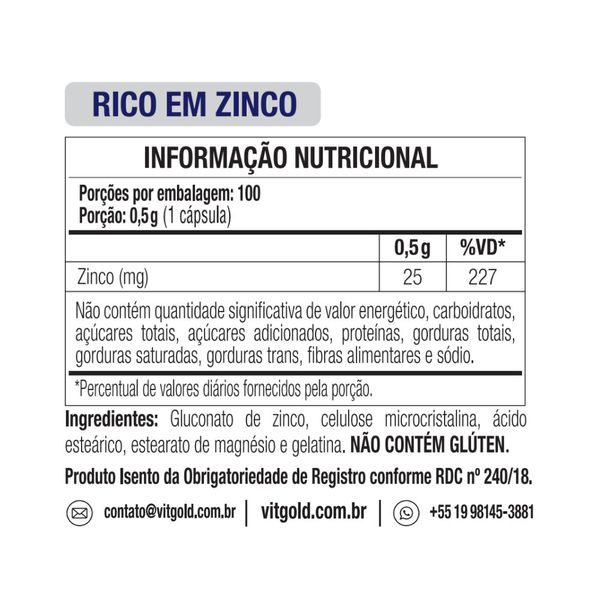 Zinco 25 mg Vitgold 100 cápsulas | Vitgold