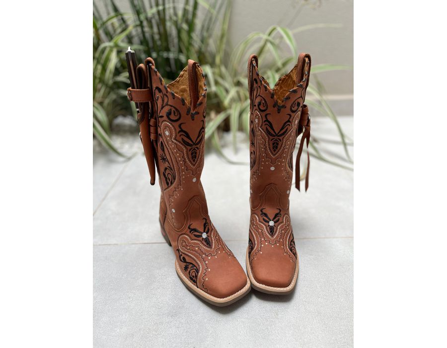 BOTA TEXANA EM COURO BORDADO TRIBAL COM KIT FACA + TRICE + CORDINHA ...