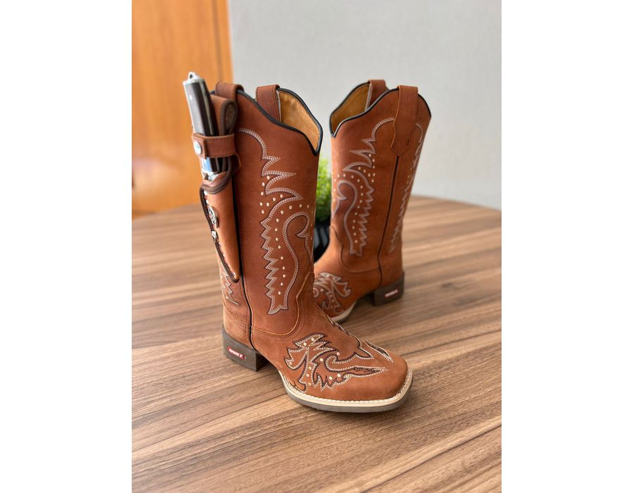 KIT BOTA TEXANA EM COURO HORSE TELHA BORDADA + BAINHA + FACA | Botas ...