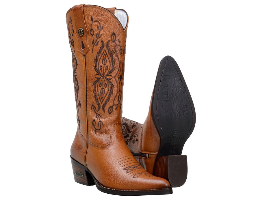 Bota Feminina Texana Bico Fino Cor Castor Em Couro Nobre Bordado Café ...