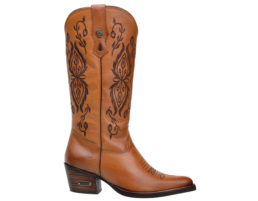 Bota Feminina Texana Bico Fino Cor Castor Em Couro Nobre Bordado Café ...