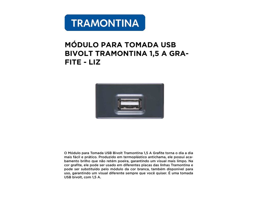 MÓDULO TOMADA USB BIVOLT 1.5A GRAFITE LIZ | Comercial Leal