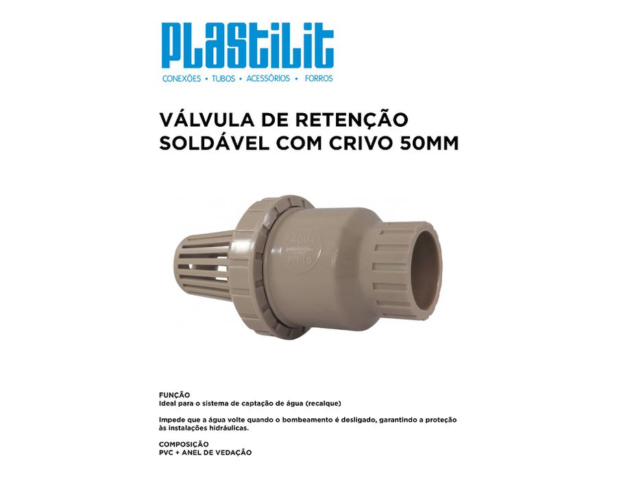 Válvula de Retenção Soldável C/ CRIVO 50MM PLASTILIT | Comercial Leal