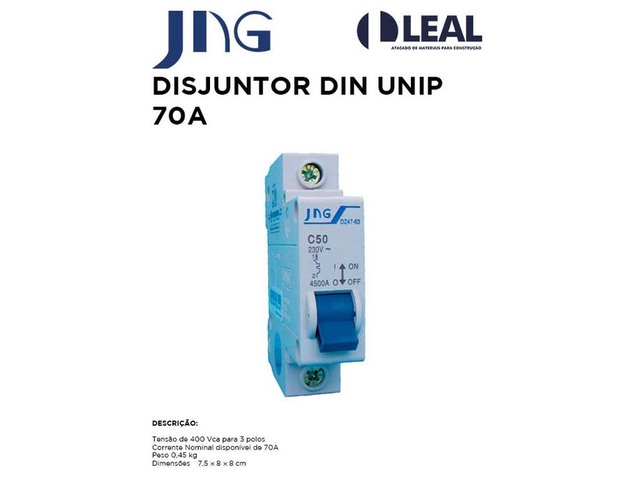 DISJUNTOR DIN UNIPOLAR 70A JNG | Comercial Leal