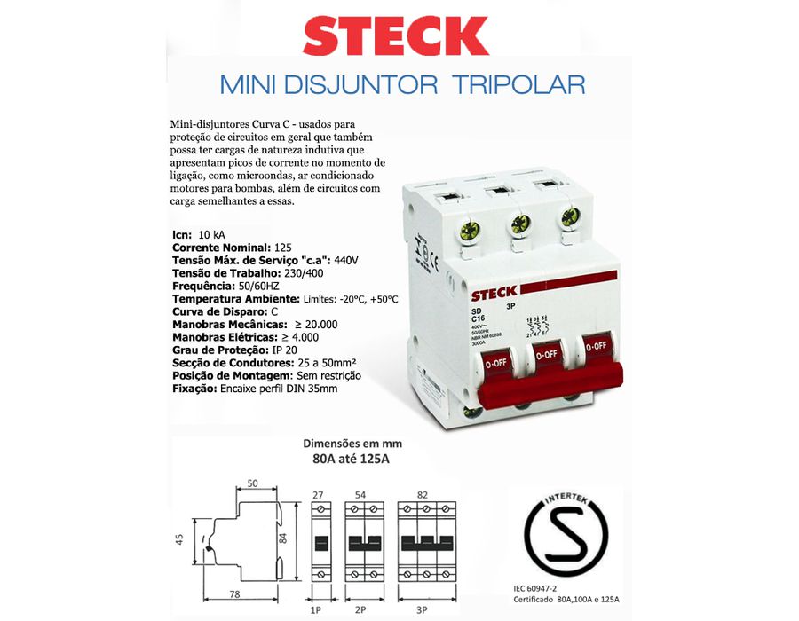 DISJUNTOR DIN TRIPOLAR 125A 10KA STECK | Comercial Leal
