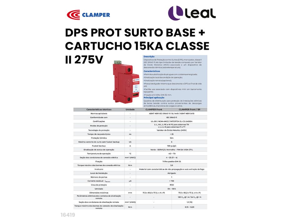 DPS PROT SURTO BASE + CARTUCHO 15KA CLASSE II 275V CLAMPER | Comercial Leal