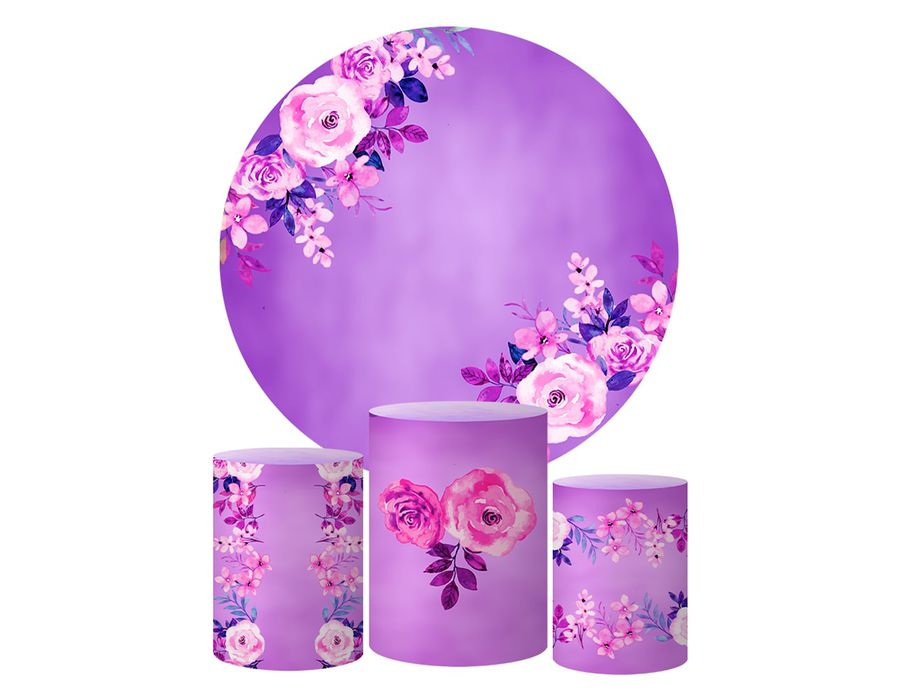 Trio Capa Cilindro + Painel Tema Flores Roxa Veste Fácil | ESTAMPARIA NET