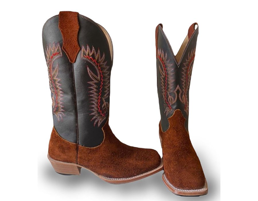 Bota Texana Masculina Couro Legítimo Bovino Invertido e Látego Preto Bordado Linha Salto ...