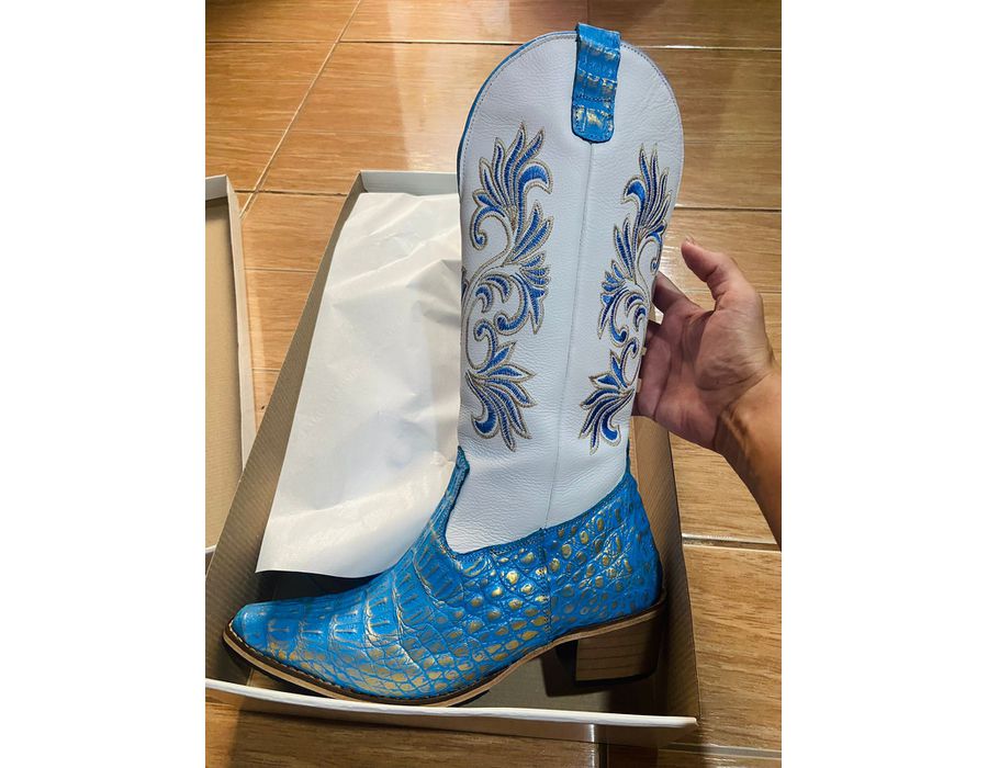 Bota Exótica Texana Feminina Country Couro Legítimo Original Jacaré Azul Turquesa e Floater ...