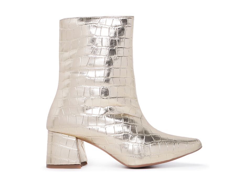 Bota Feminina Bianca Bico Fino Croco Metalizada Ouro Light | LeRUCHEL