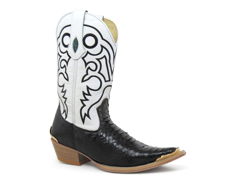 Bota Texana Masculina Exótica Couro Pithon Preto e Floater Branco Com ...
